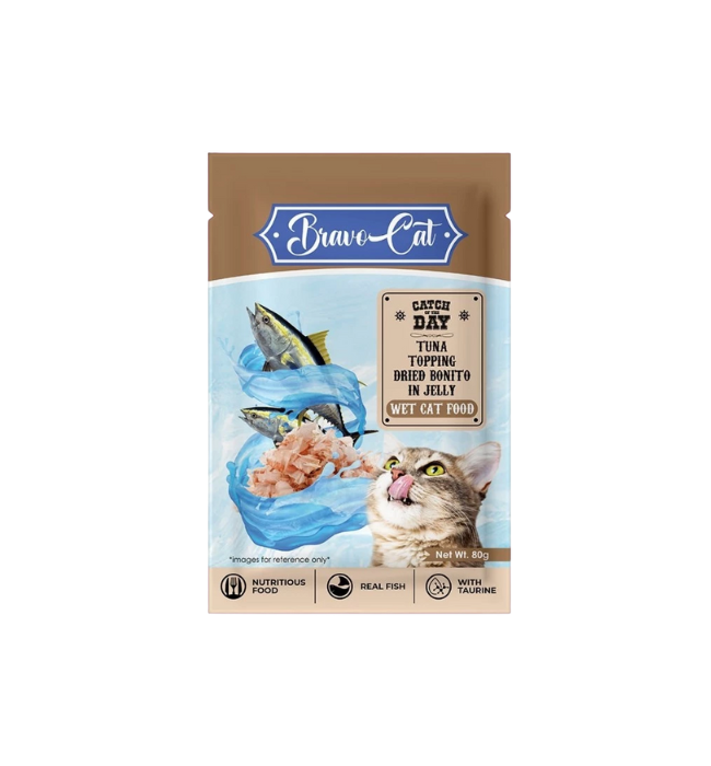 Bravo Cat Pouch Tuna Topping Dried Bonito In Jelly Wet Food 80g – Pet ...